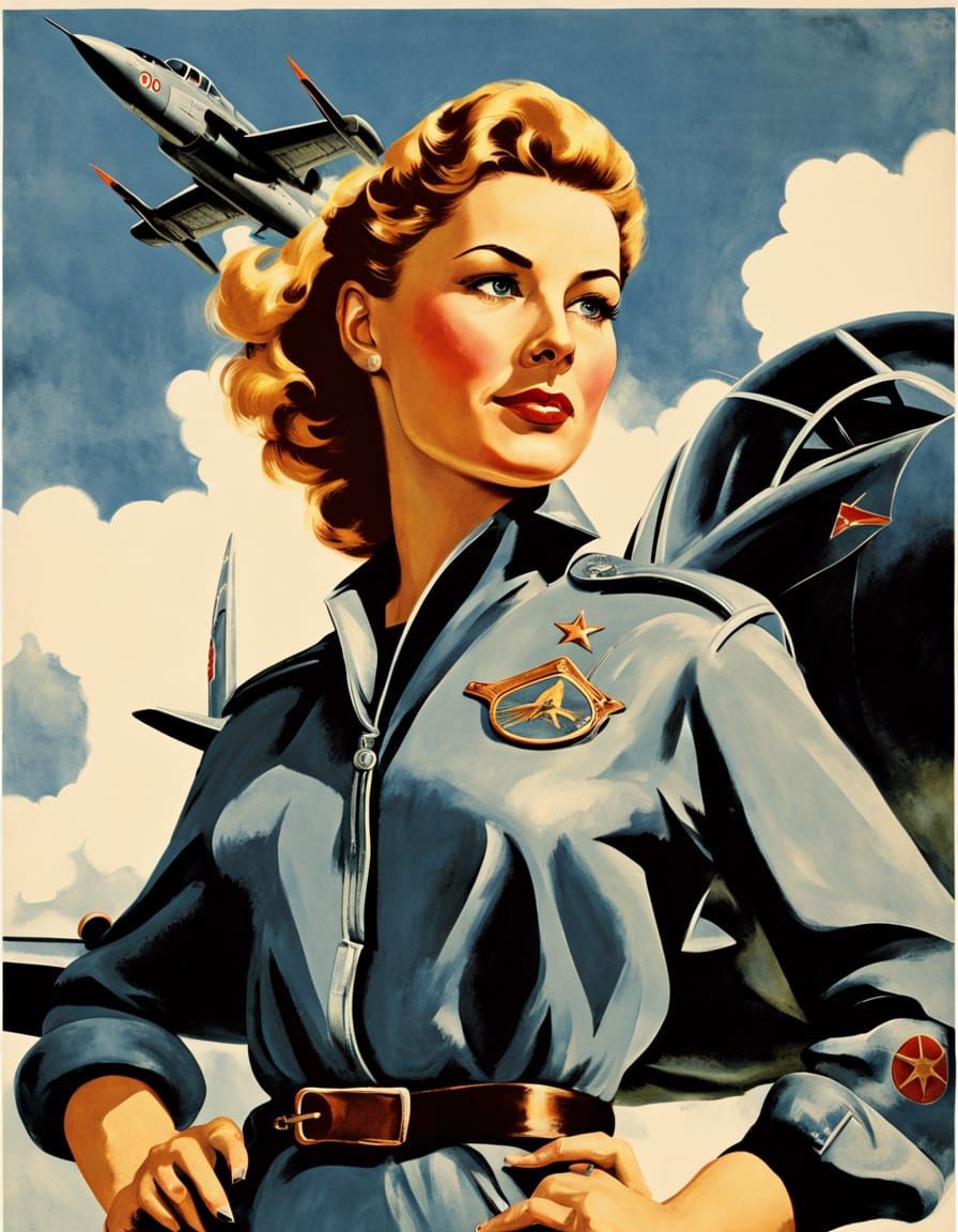 1950s Soviet Union Air Force Propaganda Poster Featuring a Female Pilot