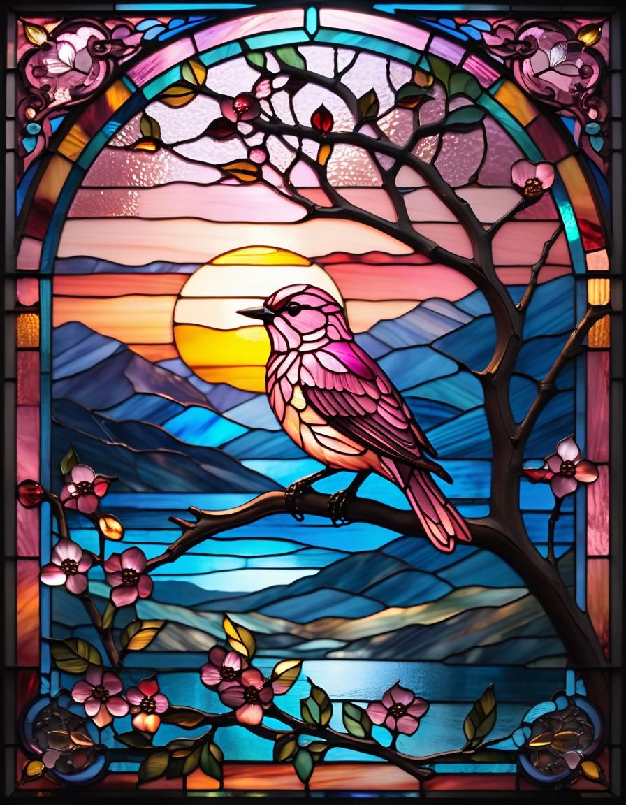 Stained glass window bird at sunset - AI Generated Artwork - NightCafe ...