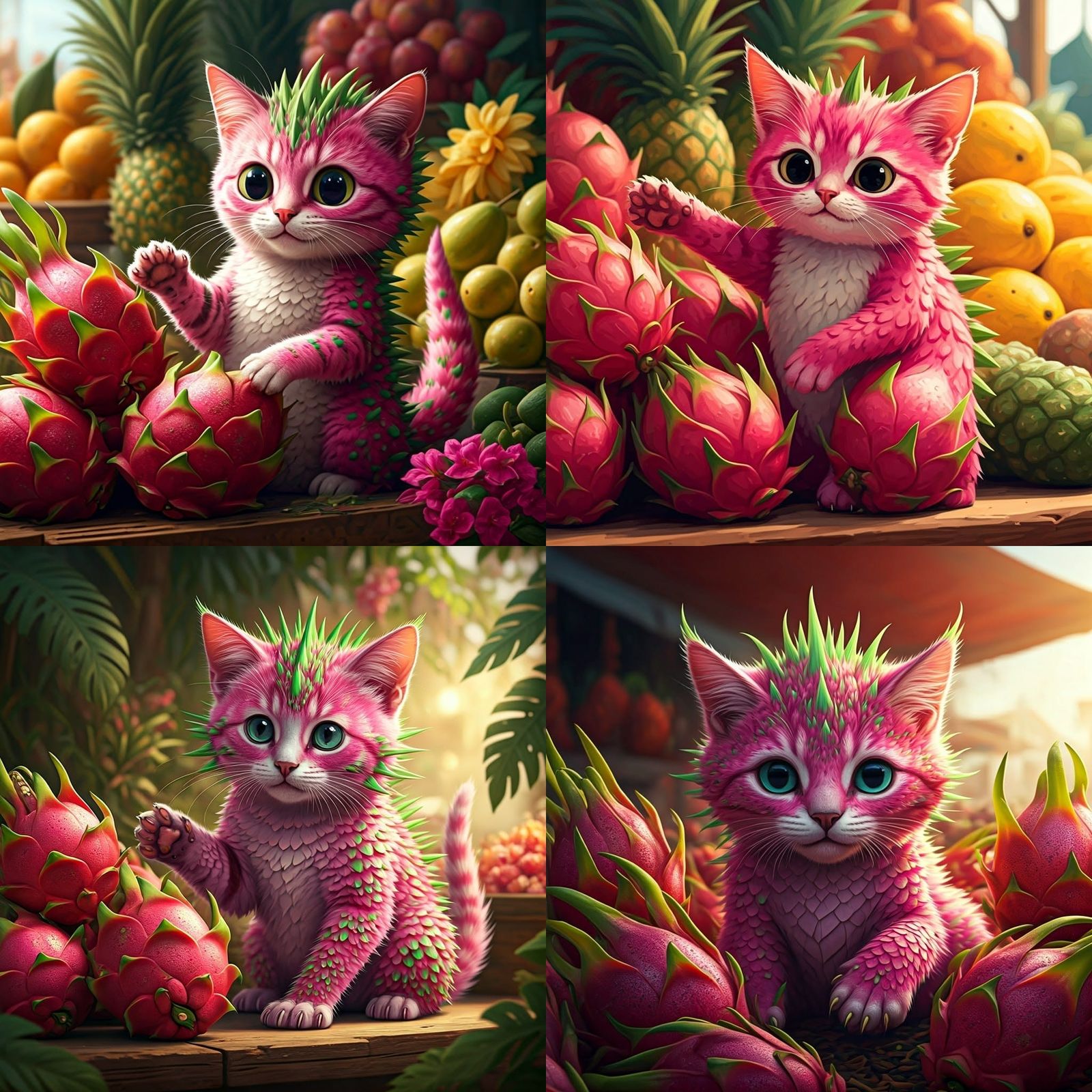 Piticat - Vibrant Feline Fruit Vendor in a Bustling Market