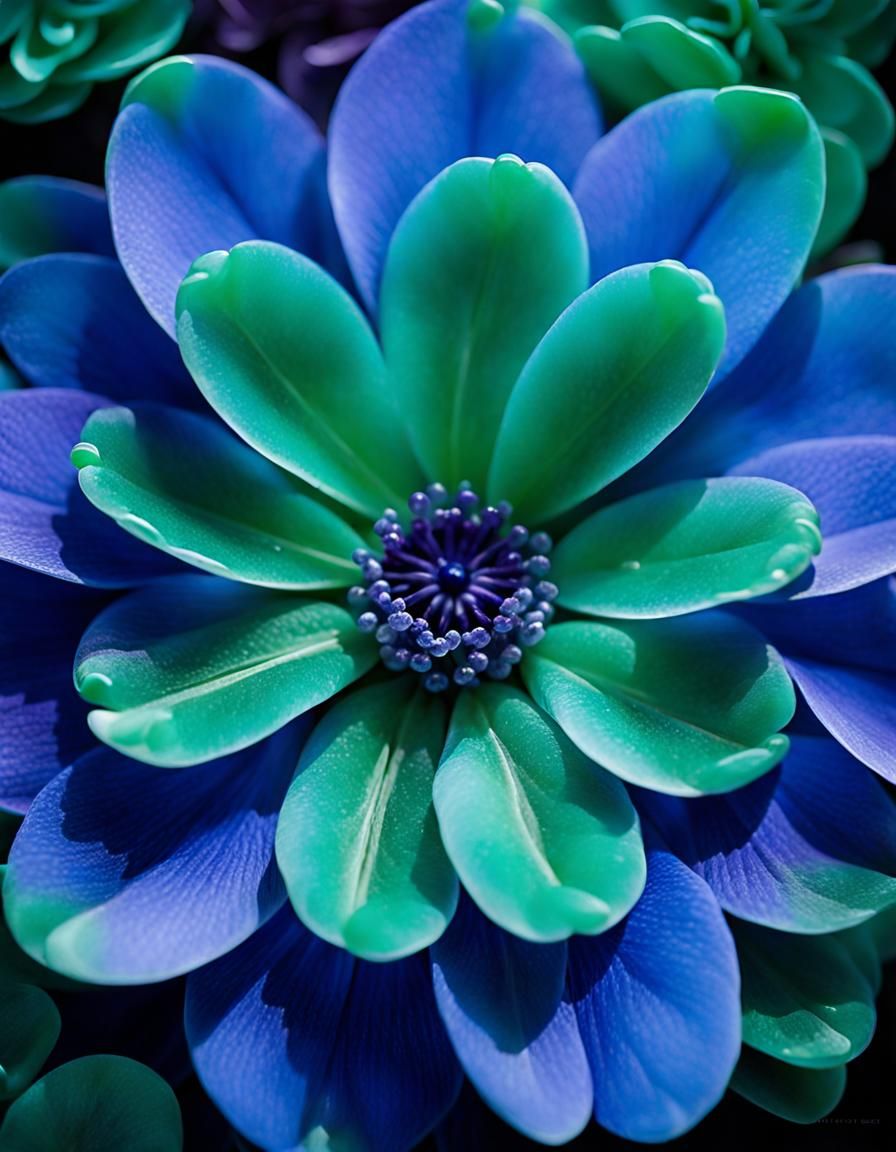 Green jade flower with blue-green petals and navy-purple center - AI ...