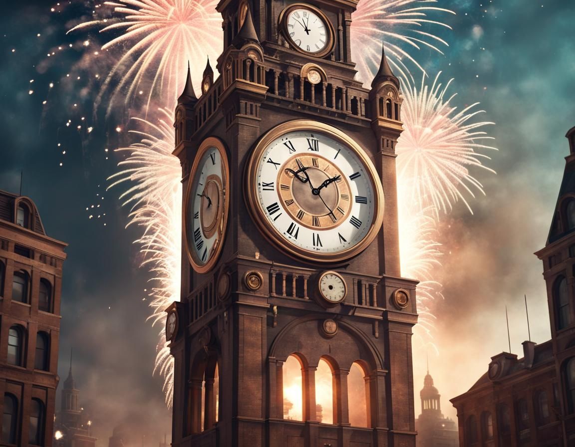 (Clock tower:1.3). Big city. Fireworks design (number 2024:1.2). (Steampunk aesthetic:1.1 ...