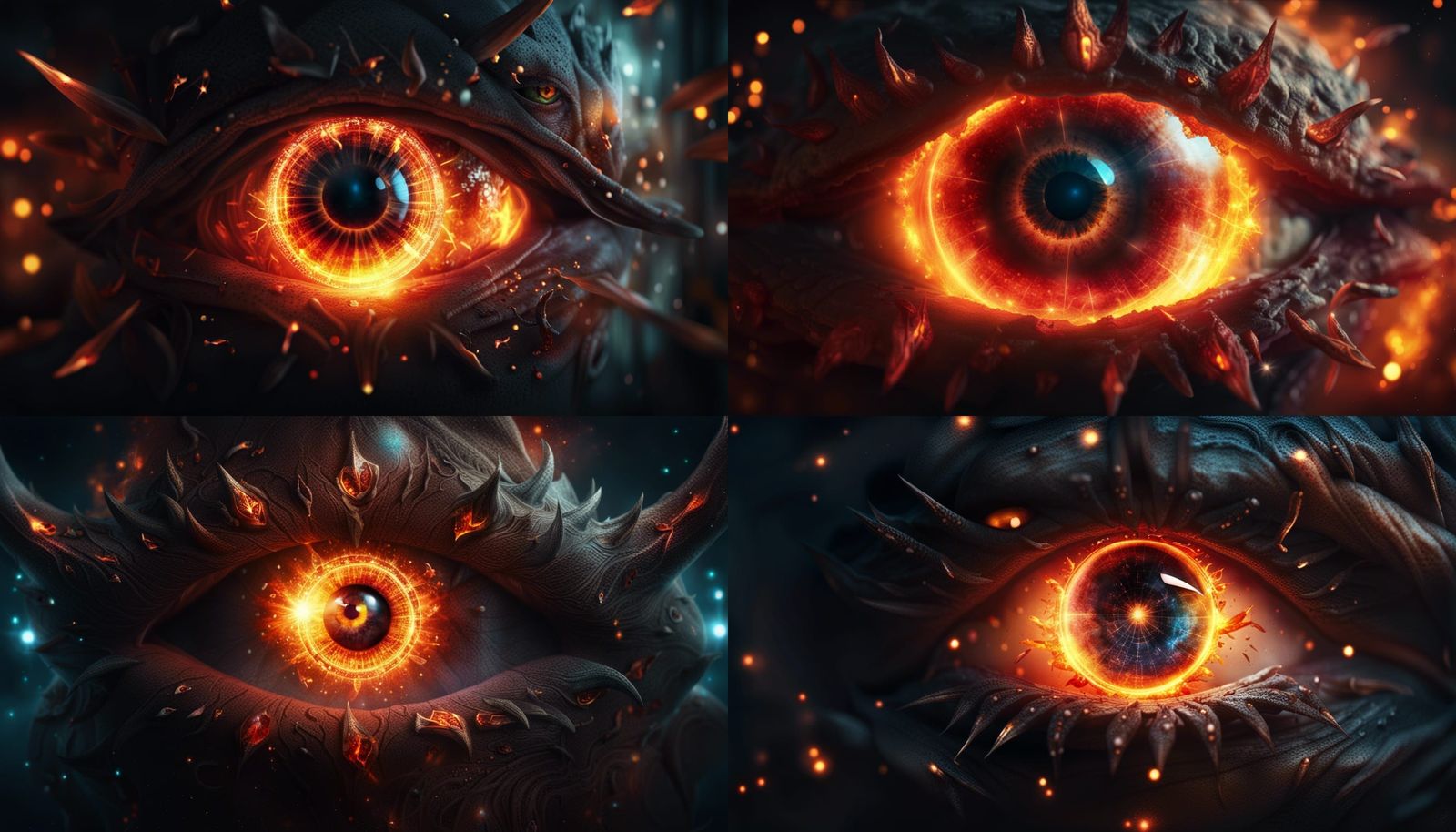 Beautiful magical eye with glowing crystals around it and demon fire ...