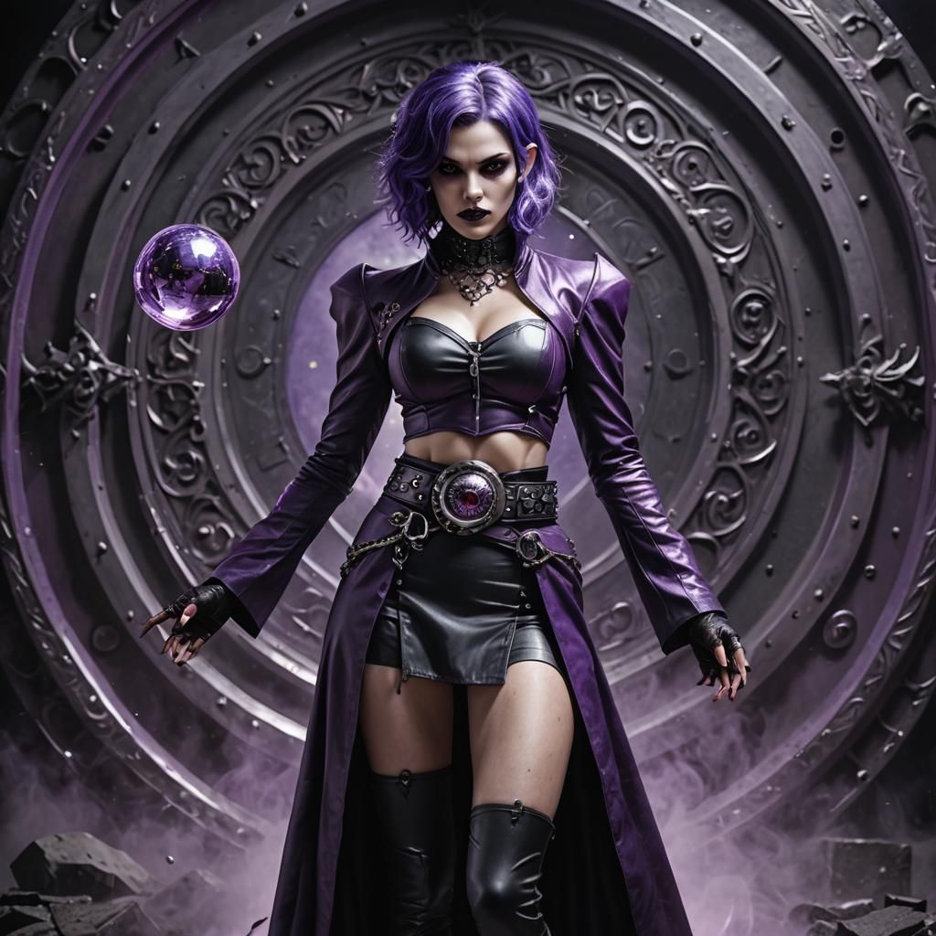 Full body posing portrait of Beautiful Purple Metal haired Vampire Shapeshifter Girl, Metal Orb ...