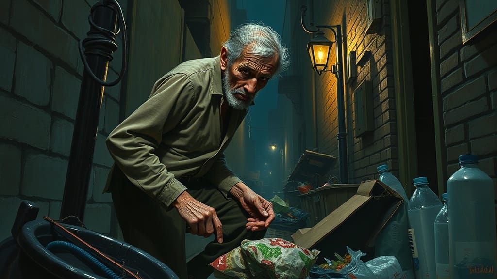 A Gaunt Figure Searches for Scraps in a Dimly Lit ... - AI Art