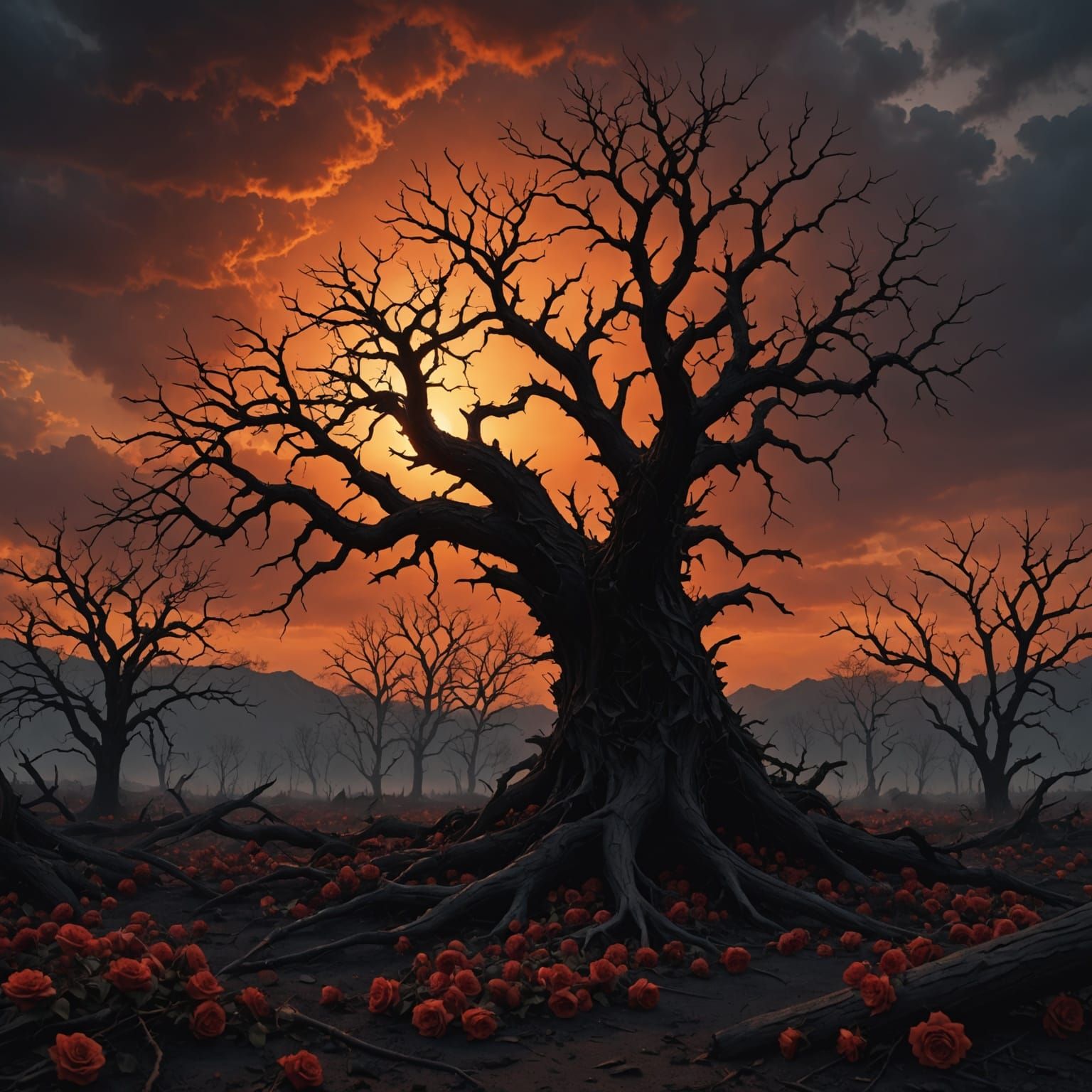 Dark Fantasy Tree Amidst a Haunting Sunset - AI Art