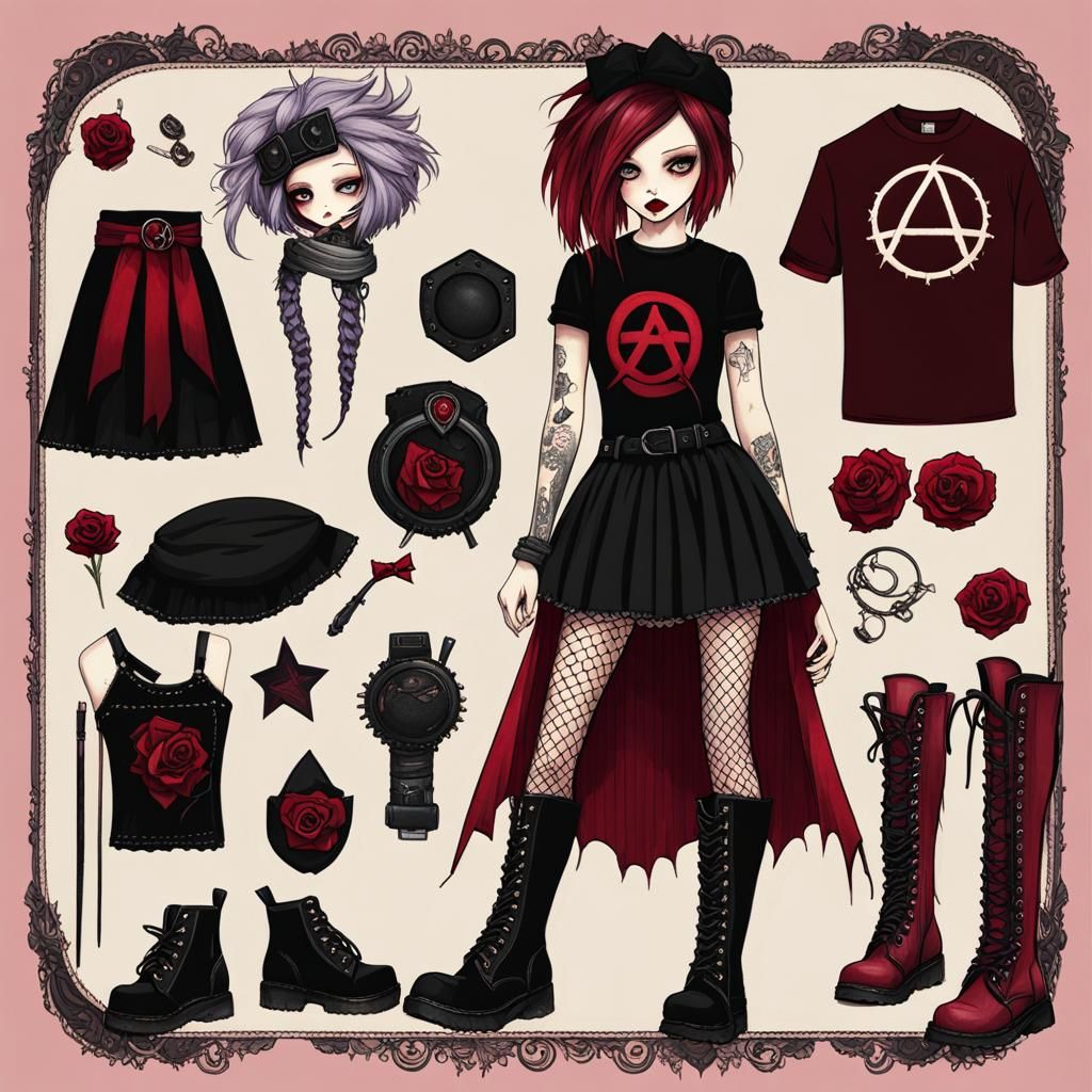 A pouty goth punk paper doll, paper cut, punk outfits, burgundy doc ...