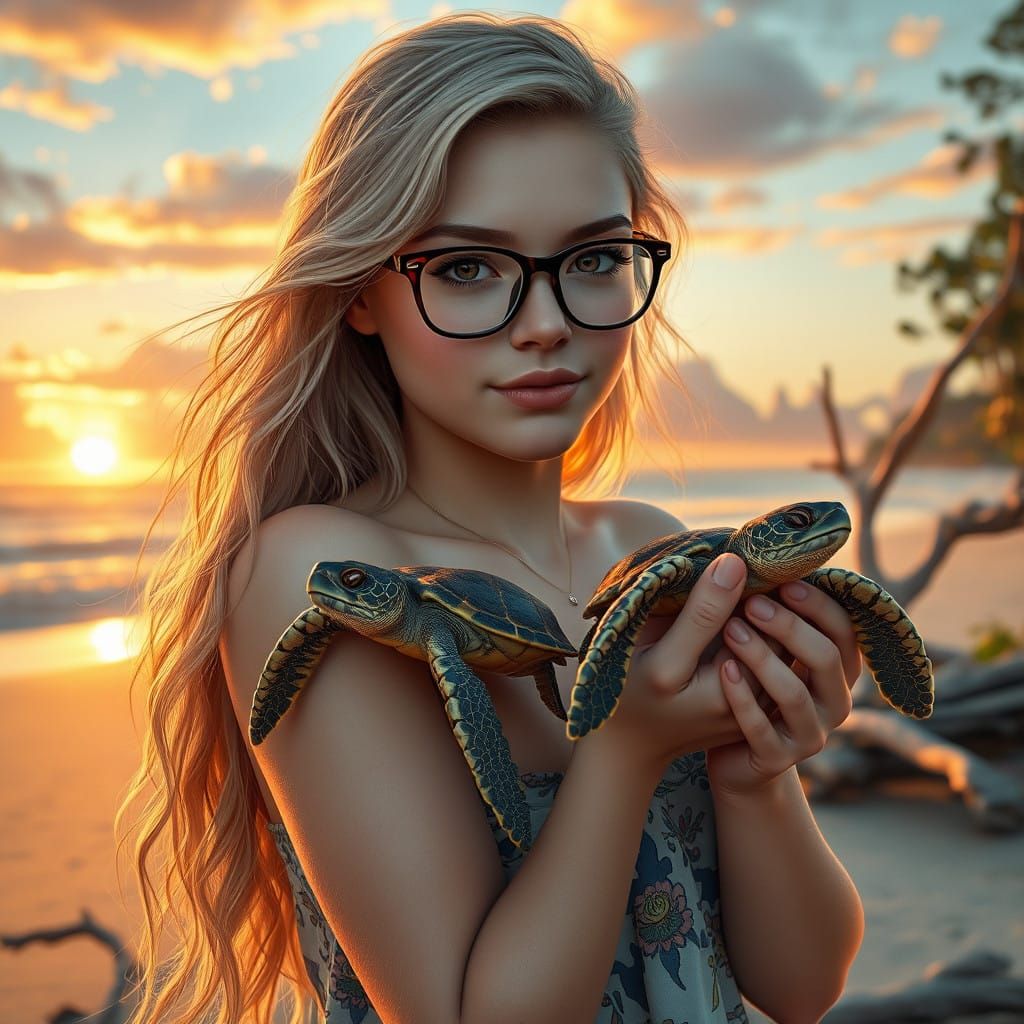 Girl with Turtles on Beach in Vibrant Fantasy Art - AI Art