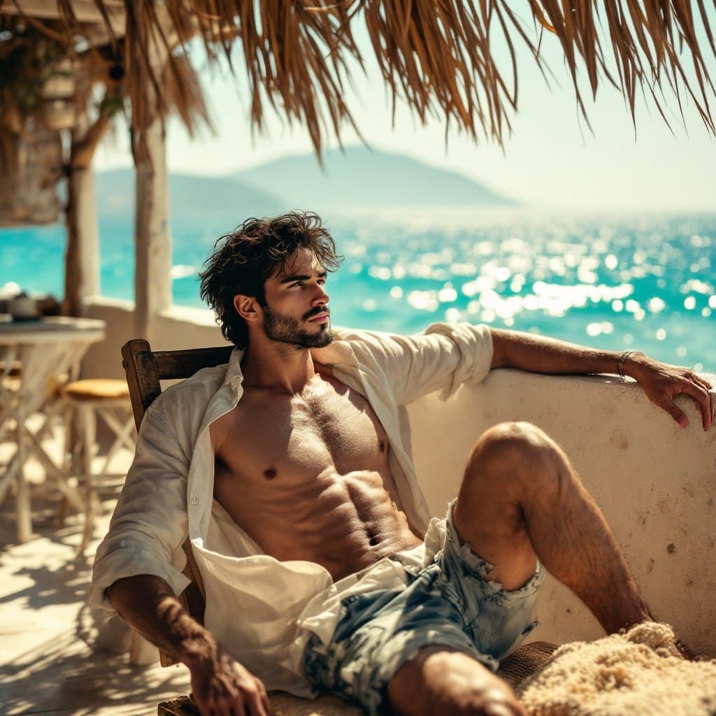 Handsome Greek Guy 241228 - Greek God Reclining on Seaside B...
