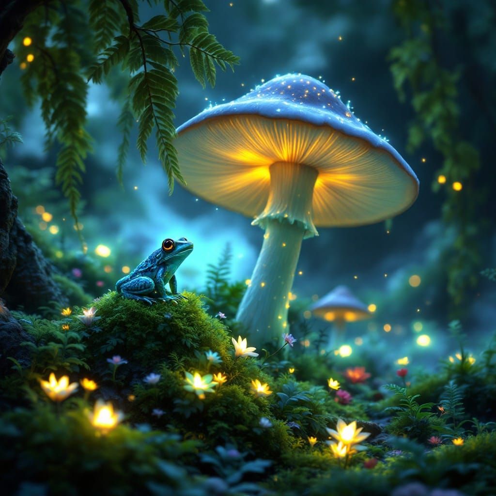 Mystical Bioluminescent Frog in a Moonlit Enchante... - AI Art