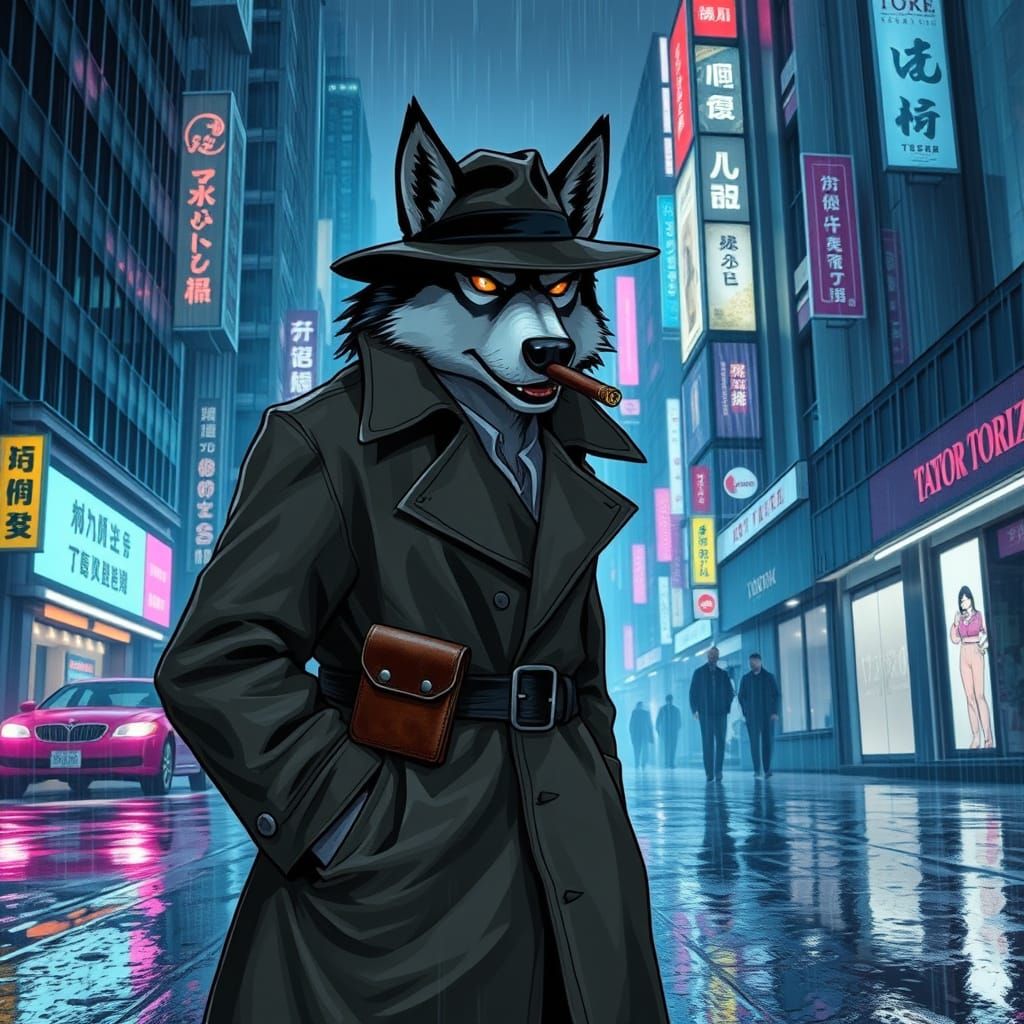 A grizzled, trenchcoat-clad anthropomorphic husky private detective ...