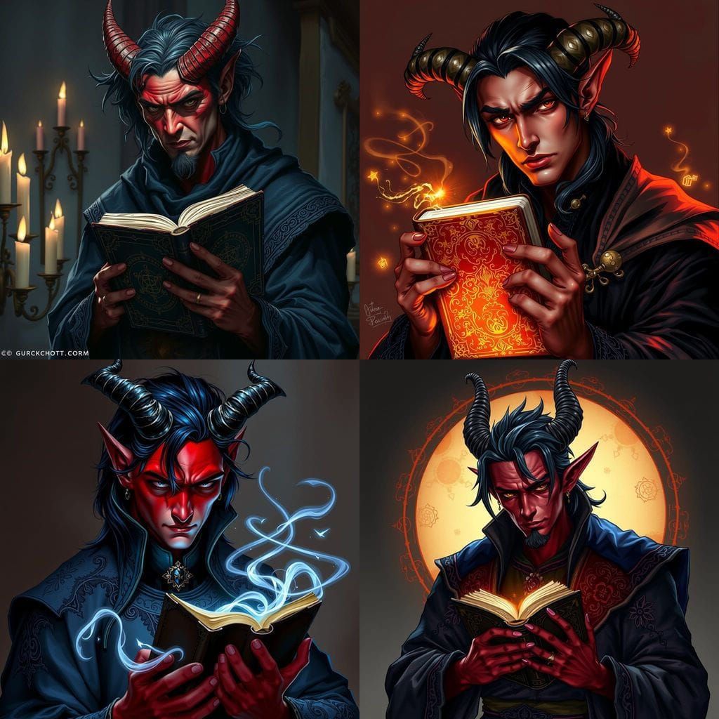 Dark Red Tiefling Wizard in Gothic Robes - AI Art