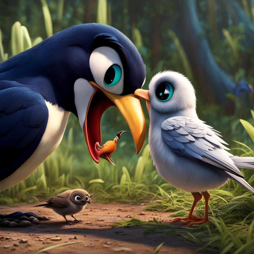 Pixar style animal eating a bird alive while his mother watches in ...