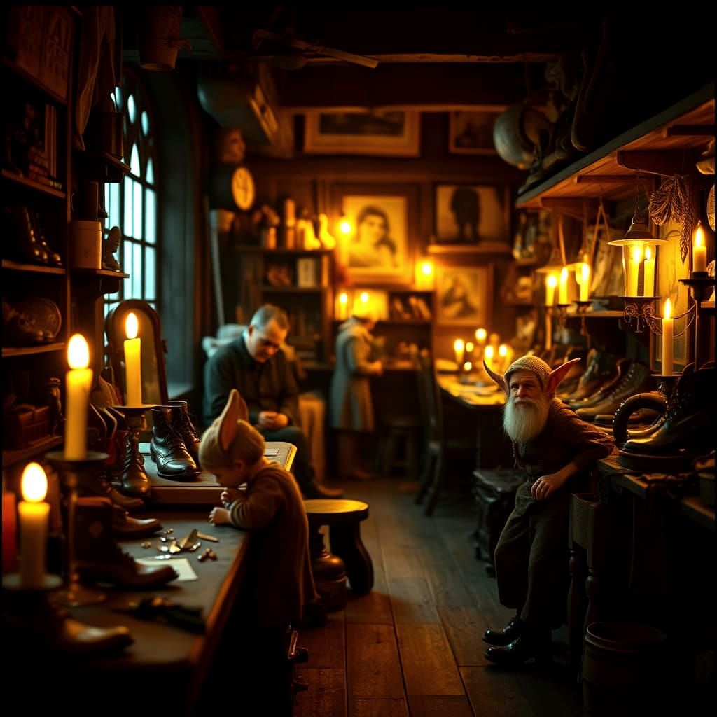 Candlelit Cobbler's Workshop: Elves at Work in a C... - AI Art