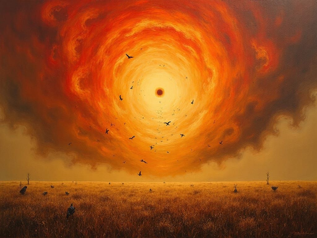 Eldritch Bird Swirl Over Ruined Landscape - AI Art