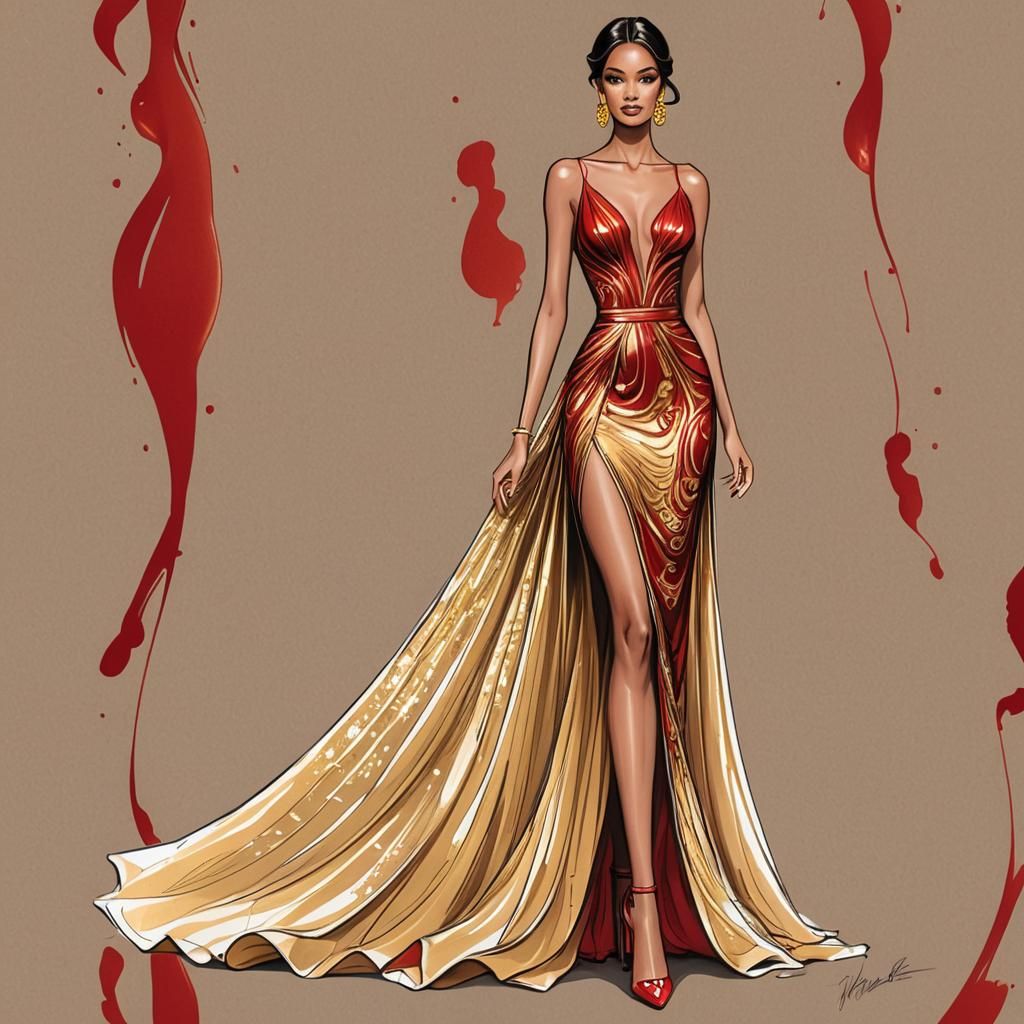 Illustration of a Model wearing a Red & Gold Designer Dress - AI ...