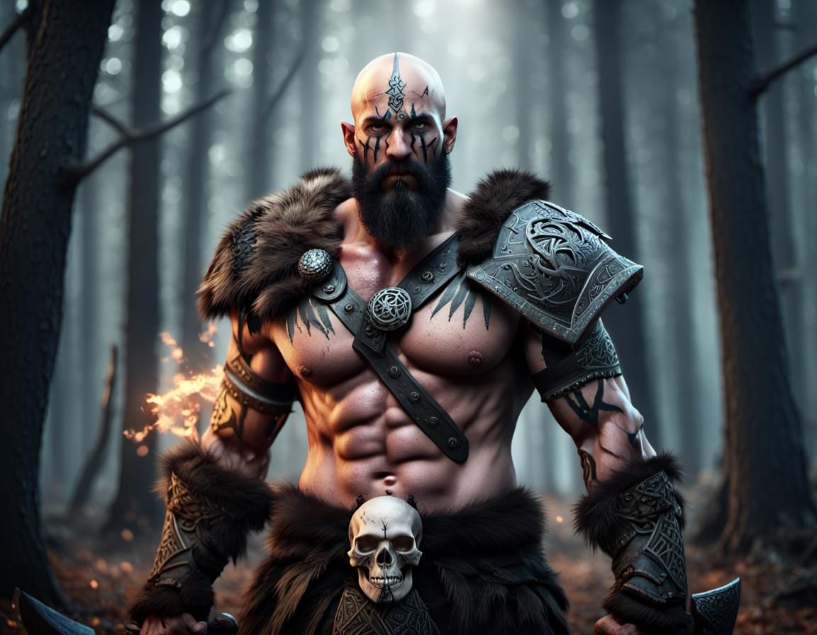 A male muscular Barbarian with a bald head, black beard and runic ...
