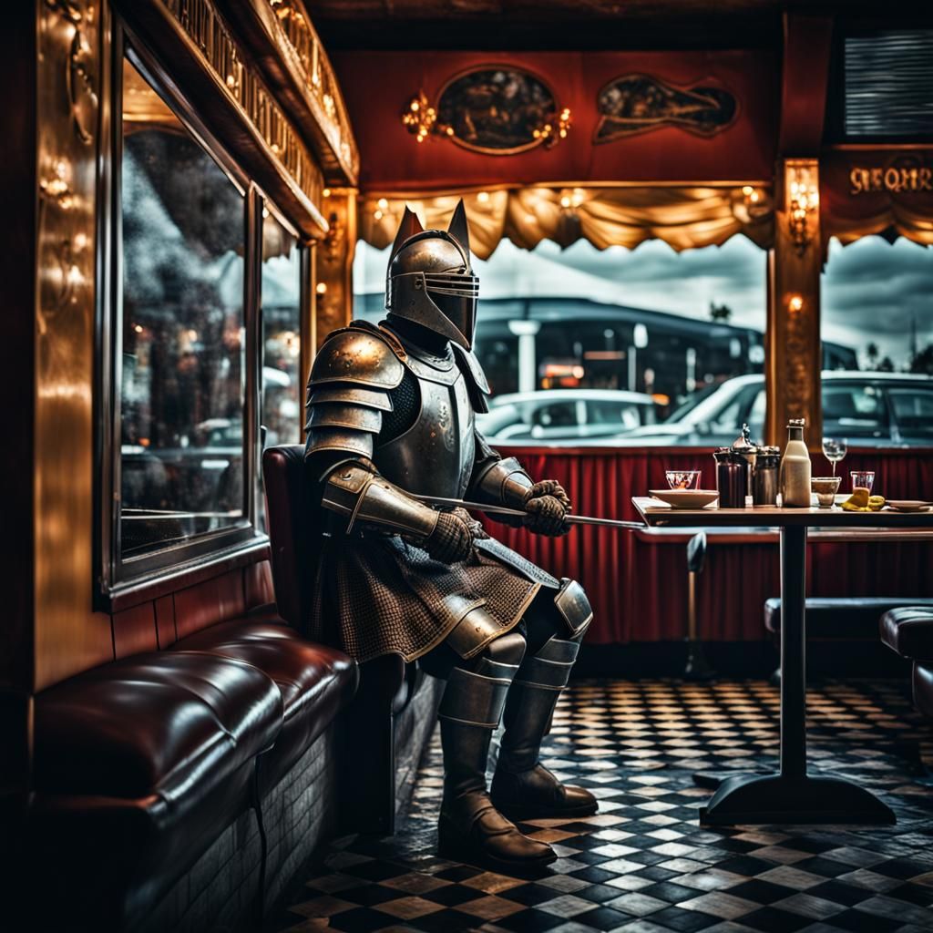 Knight at a drive in restaurant - AI Generated Artwork - NightCafe Creator