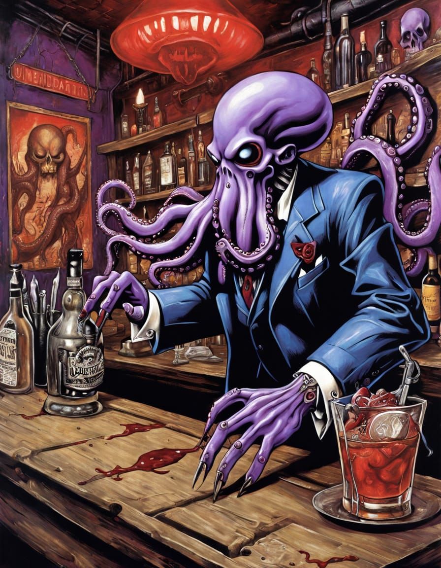 Macabre Octopus Bartender in Manhattan, Graffiti W... - AI Art