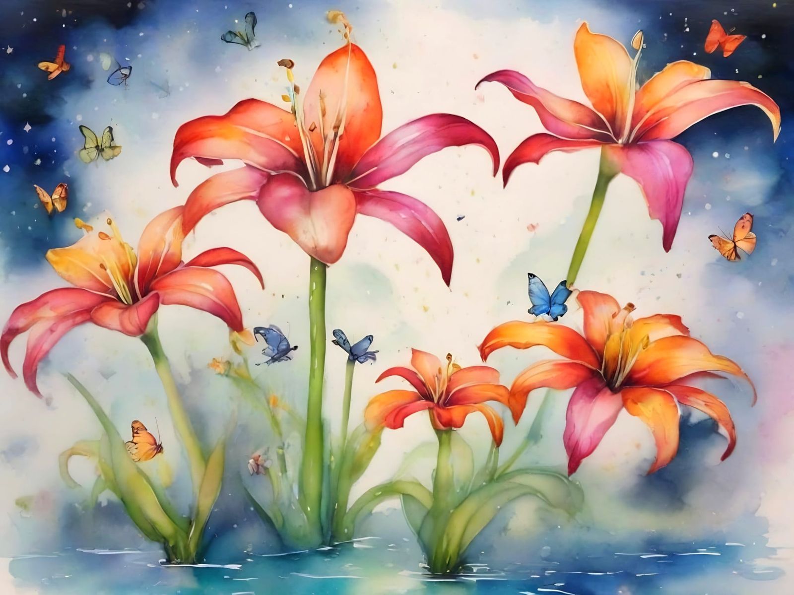 Dance of the Stargazer Lilies - Surreal Watercolor Art of Gi...