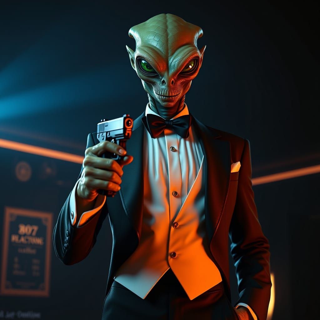 Suave Alien Agent in Tuxedo with Pistol - AI Art