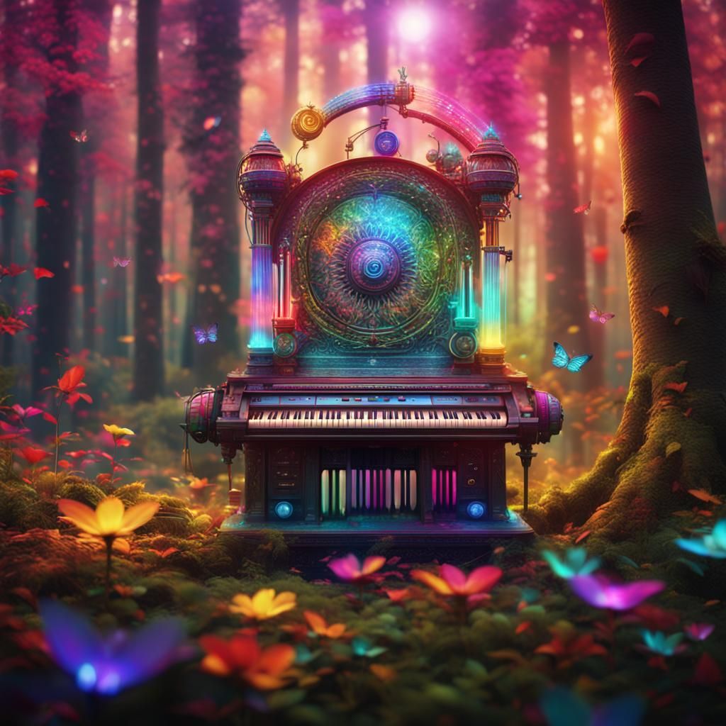 Colorful music machine 4k resolution in a magical forest - AI Generated ...