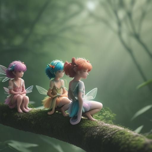 3 cute colorful tiny fairies sitting on a branch. - AI Generated ...