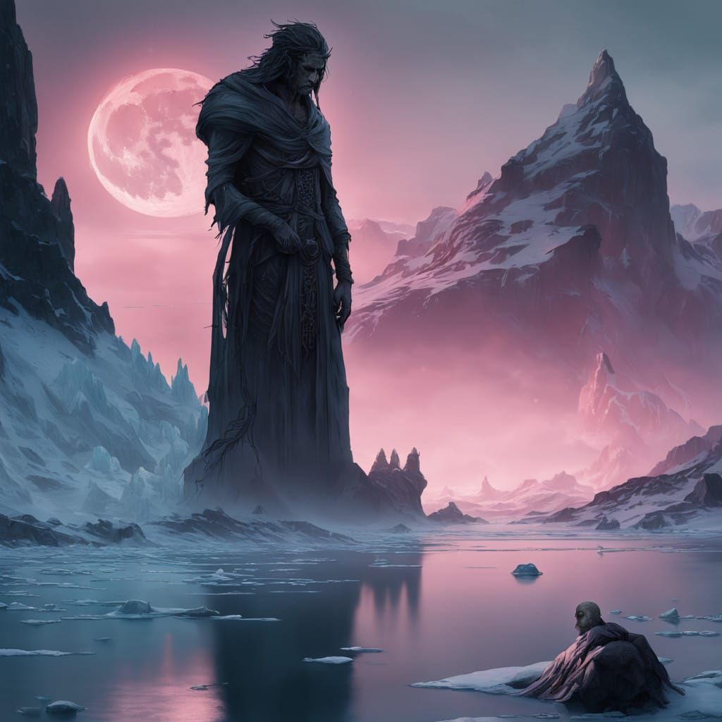 Surreal Death Figure Amidst Icy, Black Moonlit Lan... - AI Art