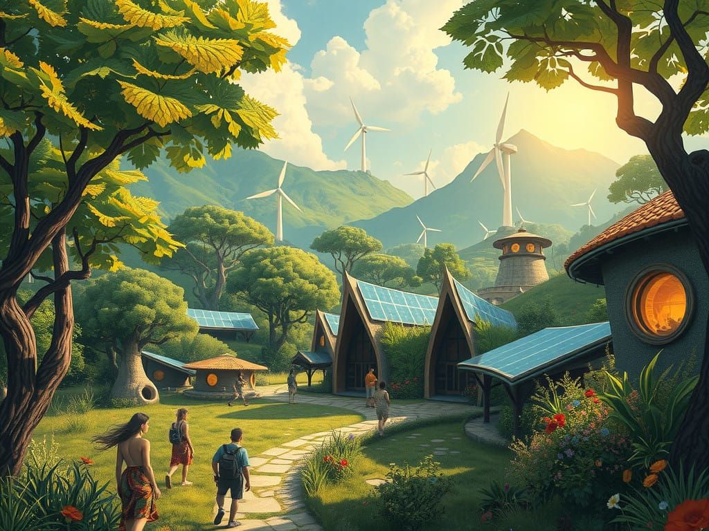 Solarpunk Village Blooms in a Futuristic Utopia - AI Art