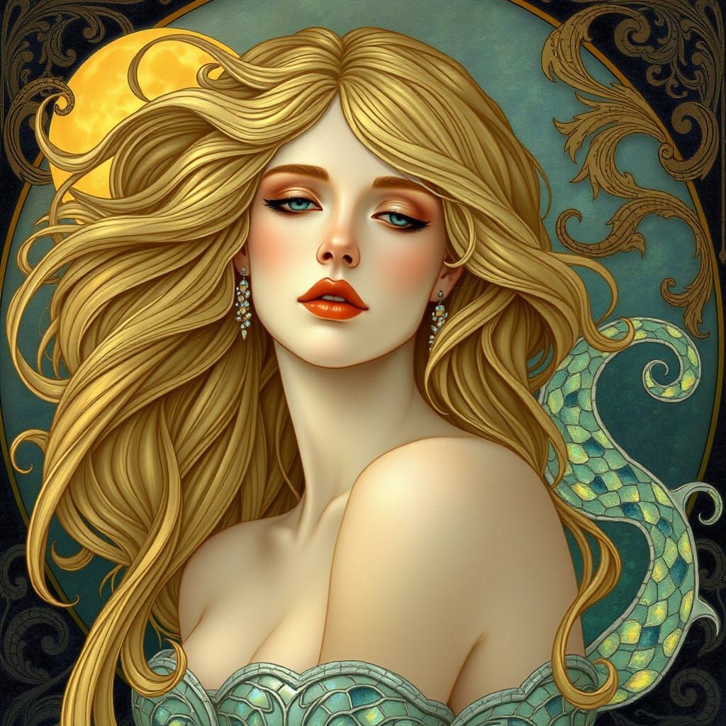 Ethereal Art Nouveau Siren Portrait in Golden Luxe - AI Art