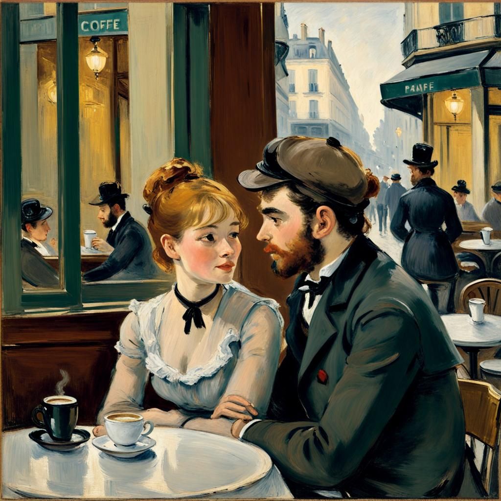 Art by Édouard Manet, a candid scene of a couple sharing a quiet moment in a Parisian café, the ...