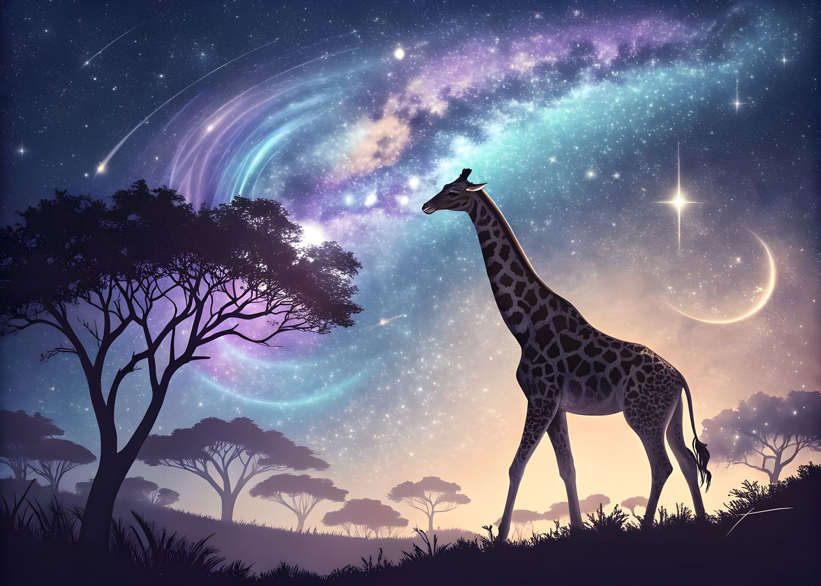Giraffe night - Majestic Giraffe Under Starry Night Sky in D...