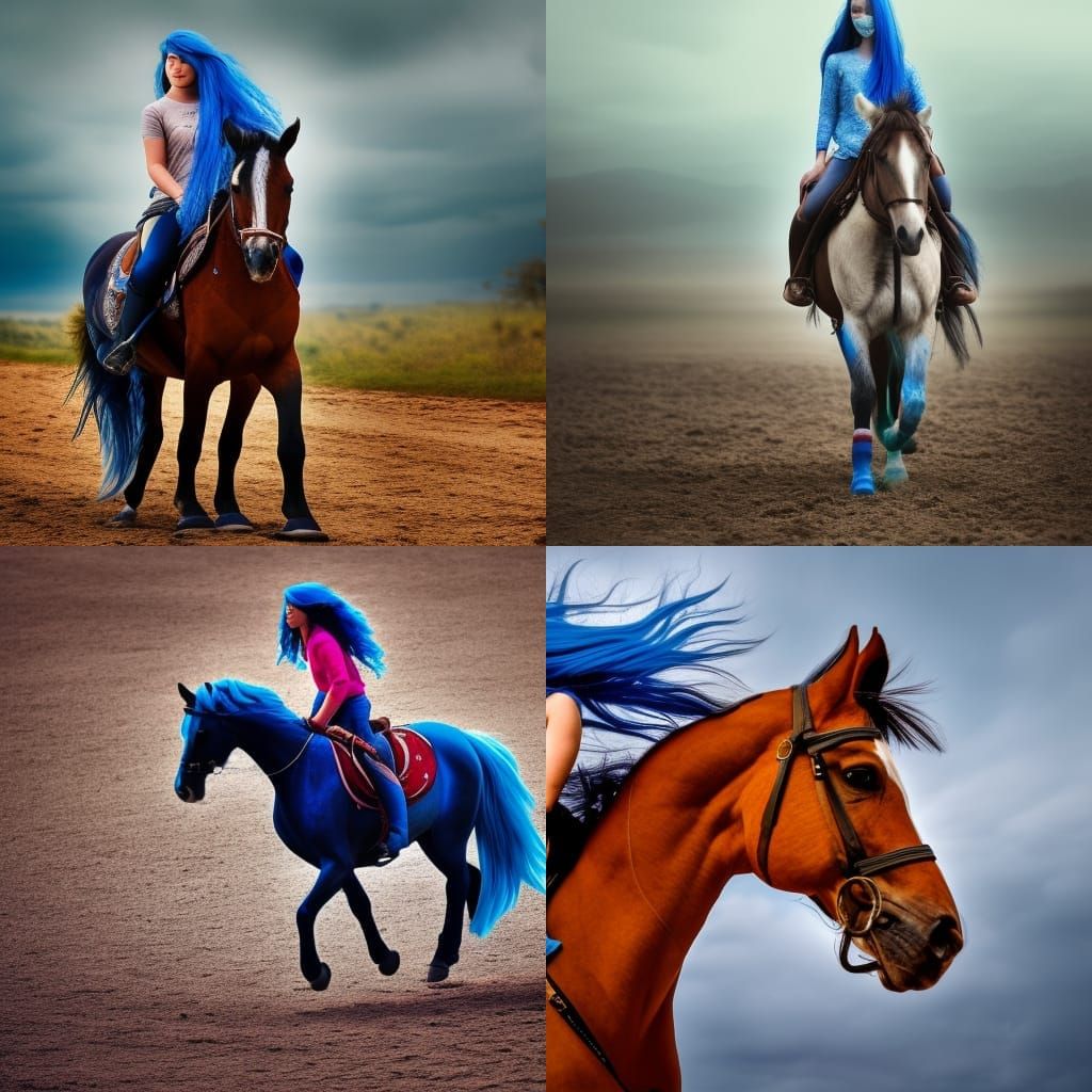 A girl with blue hair riding a horse - AI Generated Artwork - NightCafe ...