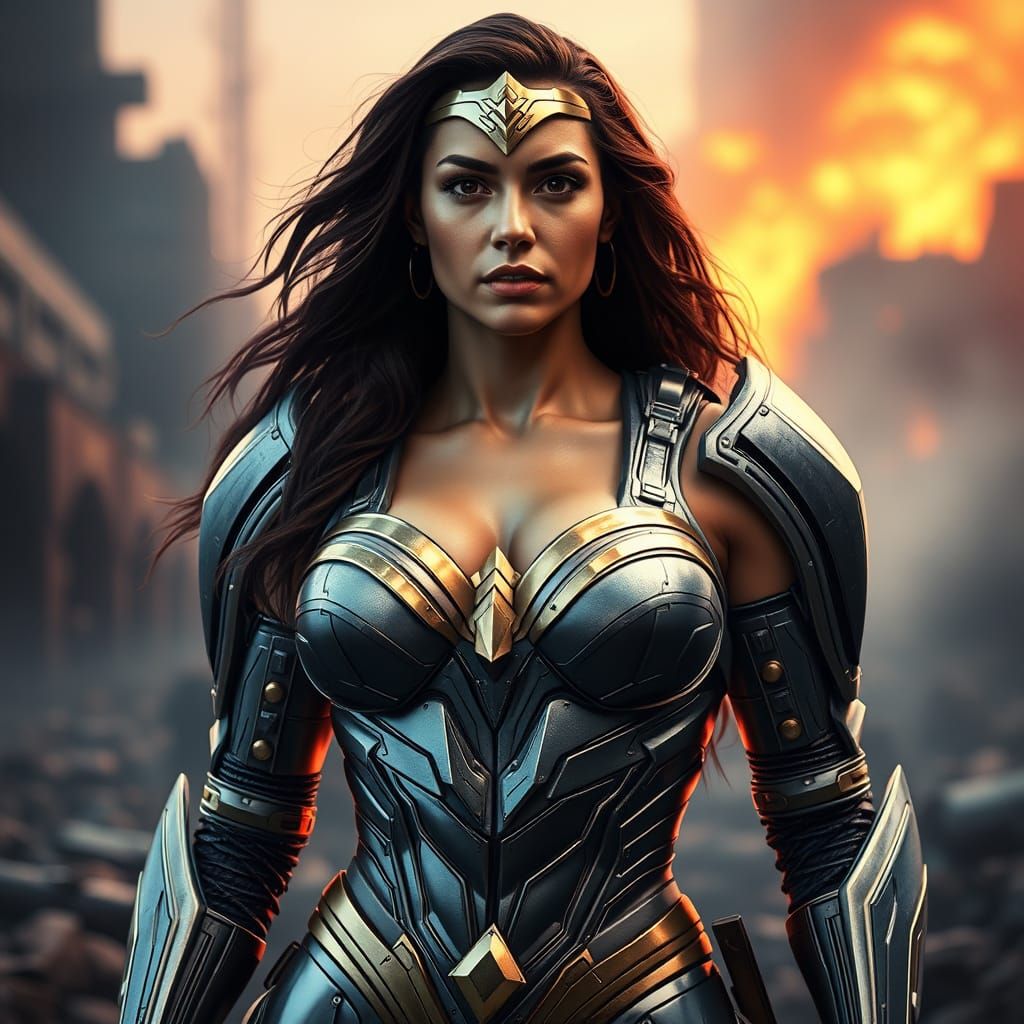 Jason Momoa as a powerful and confident female warrior wearing a high-tech Wonder Woman-inspired ...