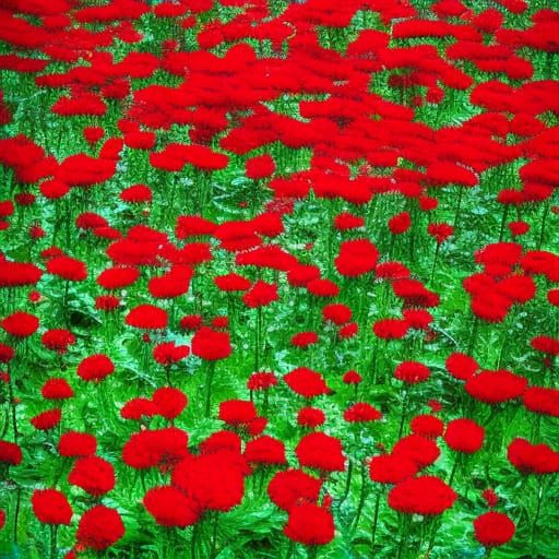 a bunch of red flowers growing in a garden, a picture by Ancell ...