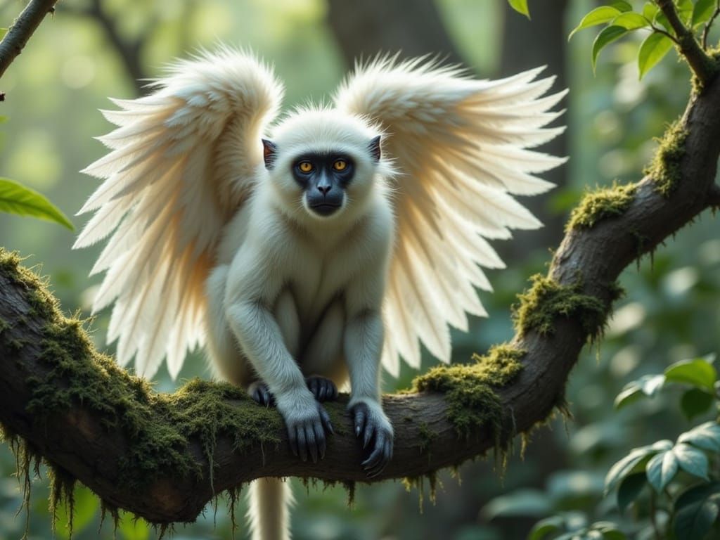 White Monkey Angel Perched on Jungle Tree Branch - AI Art