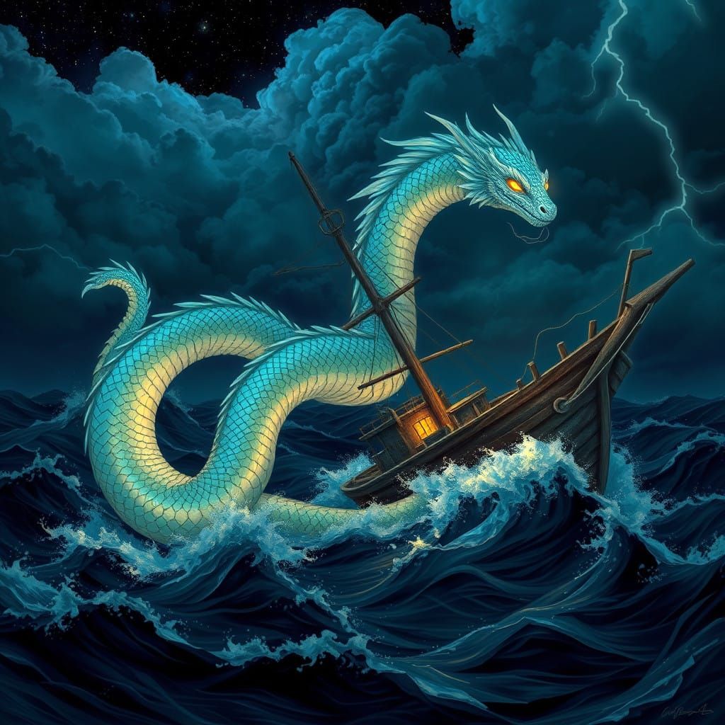 Sea Serpent - Majestic Sea Dragon Emerges from Dark Depths