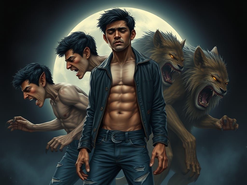 Shape shifting humans, a man, changing into a werelion, werewolf ...