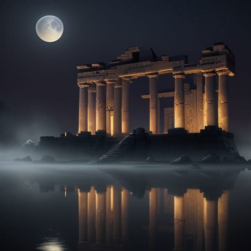 Picture a serene, mist-shrouded lake at twilight, featuring a lone ...