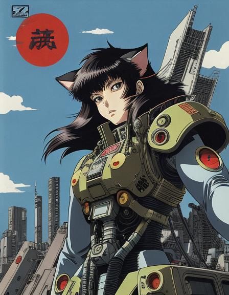 Made by Katsuhiro Otomo, 80's anime style, cyborg cat girl, - AI ...