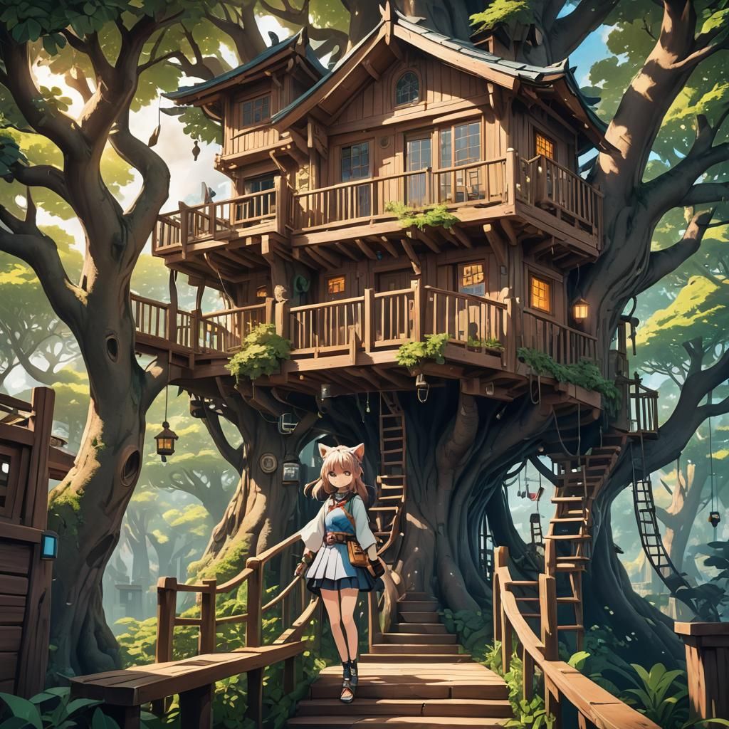 Unusual Fantasy Treehouse with a Neko woman greeting you at the ...