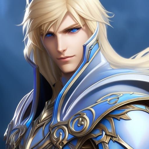 Male knight blond hair, blue eyes; detailed and refined; style artist ...