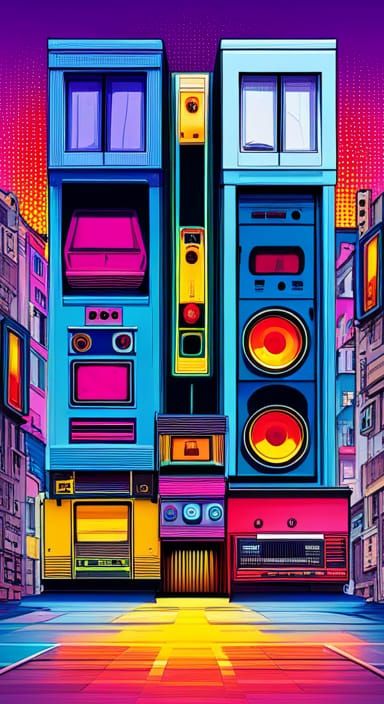 The retro charm of the iconic '80s with neon lights, cassette tapes ...