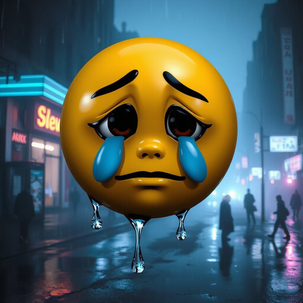 A highly detailed, surreal depiction of a crying emoji, brought to life ...