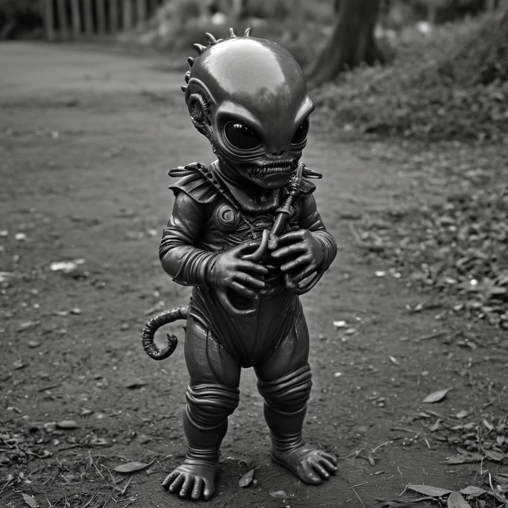 Baby xenomorph in a 1930s frilly baby romper, holding a rattle, in the ...