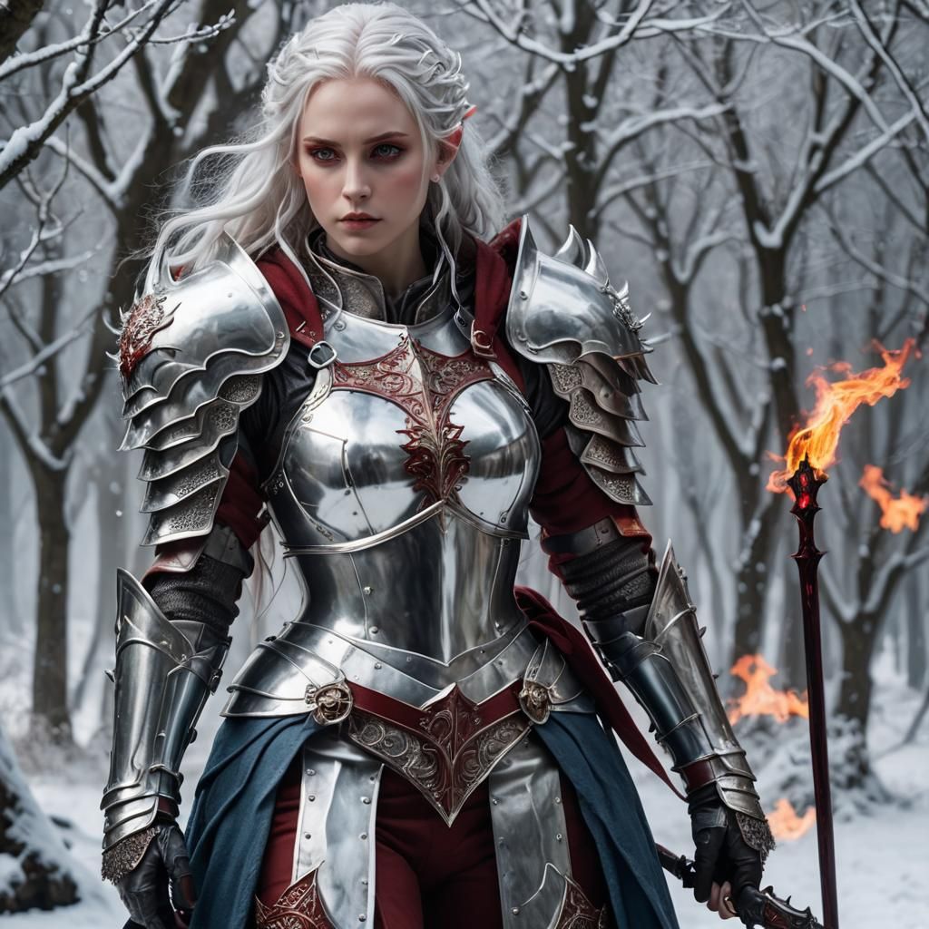Centered Female elf Knight of Ice and Fire in full silver armour ...