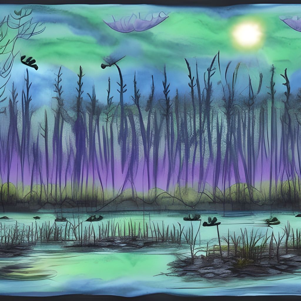 Nighttime view of a swamp with alligator eyes on the water, swampy ...