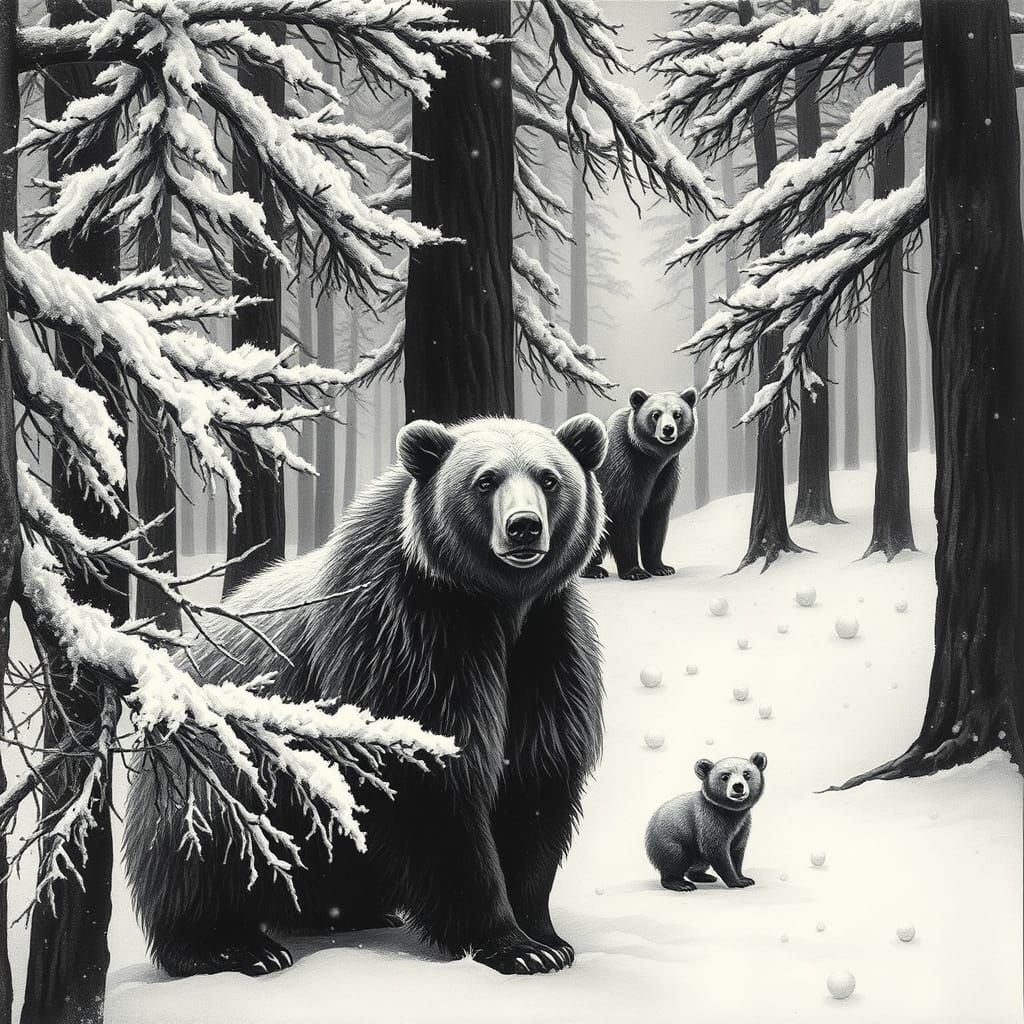 baers in a snowy pine tree forest - Bears in Snowy Forest: C...