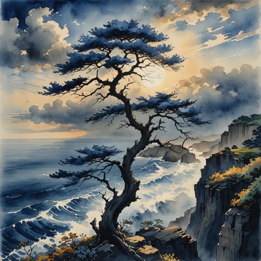 style by Chiura Obata, an old curved tree flowering blue, on the edge ...