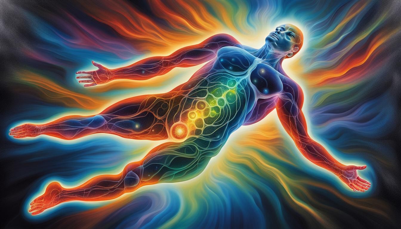 human separating from their astral body, floating in dark matter with a ...