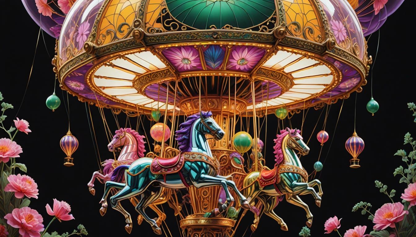 Steampunk Surrealism: Humanoid Machine Flies Carou... - AI Art